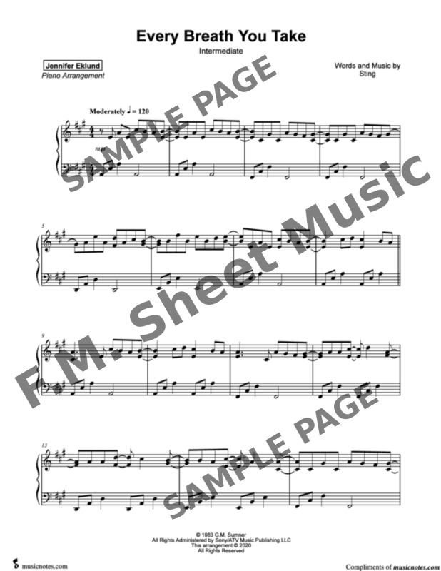 Every Breath You Take (Intermediate Piano) By Sting, The Police - F.M. Sheet Music - Pop ...